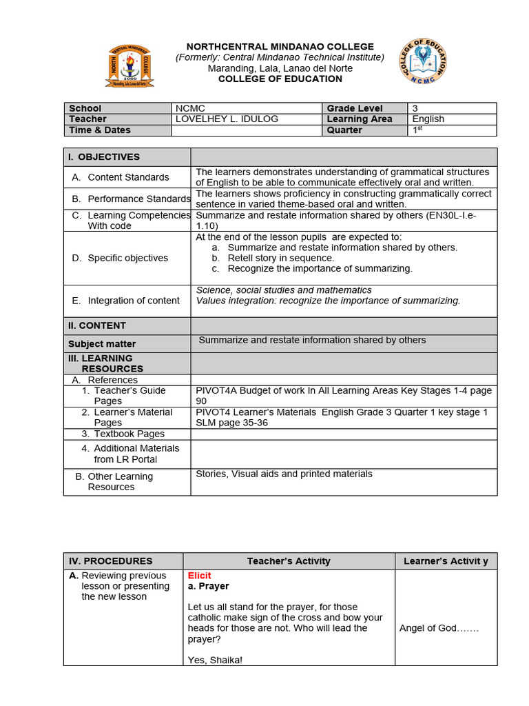 English 3 Lesson Plan | PDF | Teachers | Learning