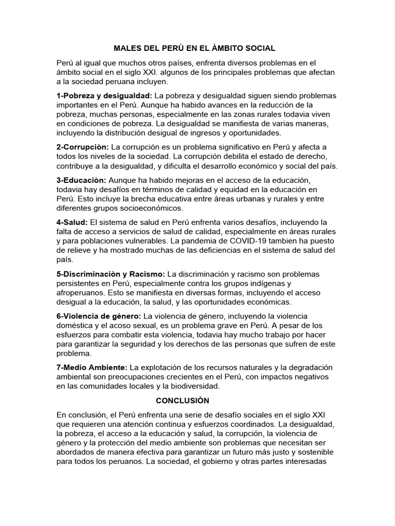 Males Del Perù en El Àmbito Social | PDF | Desigualdad social ...