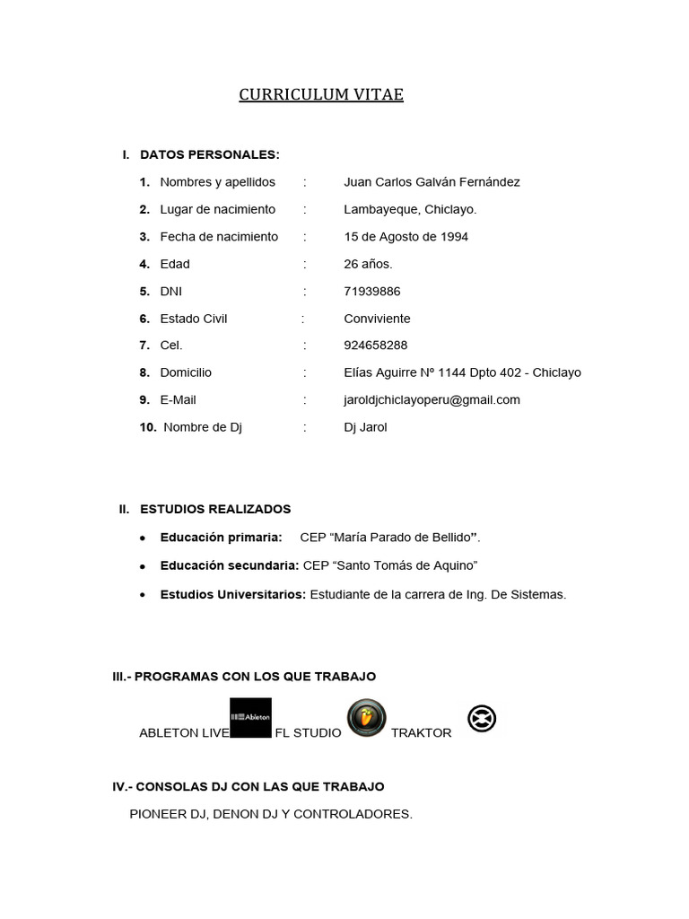 Currículum de Dj Jarol en Chiclayo | PDF | Derecho