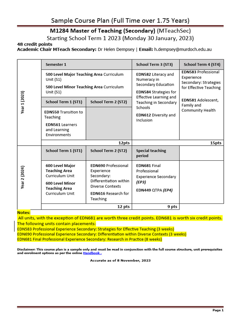 M1284 MTeach Secondary Full Time S1 2023 Course Plan | PDF | Vocational ...