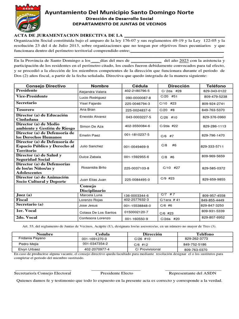 Acta de Juramentación Junta de Vecinos | PDF