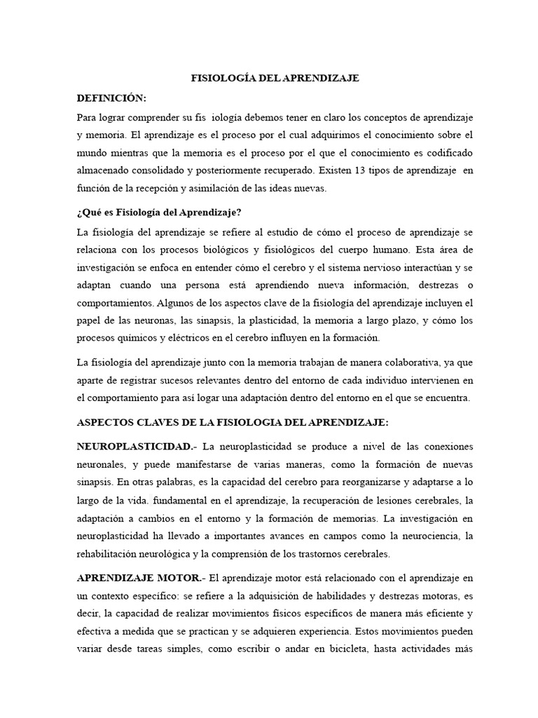 Fisiologia Del Aprendizaje | Descargar gratis PDF | Aprendizaje | Memoria
