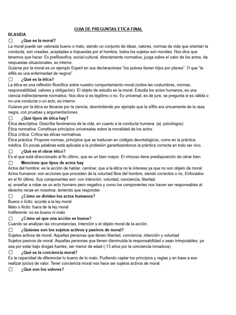 Guia de Preguntas Etica Final | PDF