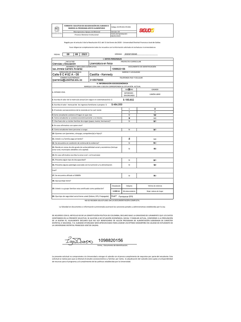 Formulario Sigud Bi-Pr-001-Fr-006 | PDF