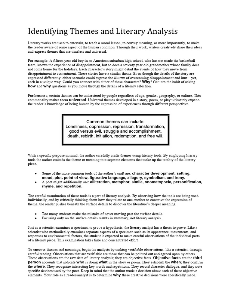 Identifying Themes and Literary Analysis | PDF | Analysis | Experience