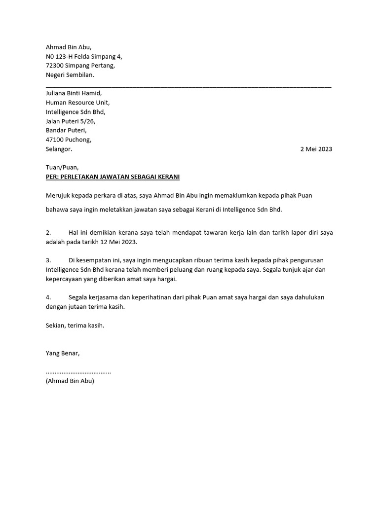 Contoh Surat Berhenti Kerja Pdf