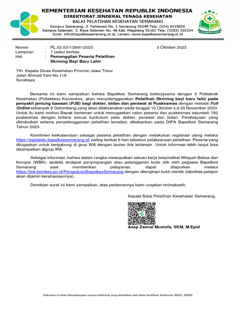 Surat Pemanggilan Peserta Pelatihan Skrining BBL - Jatim Gel 4 | PDF