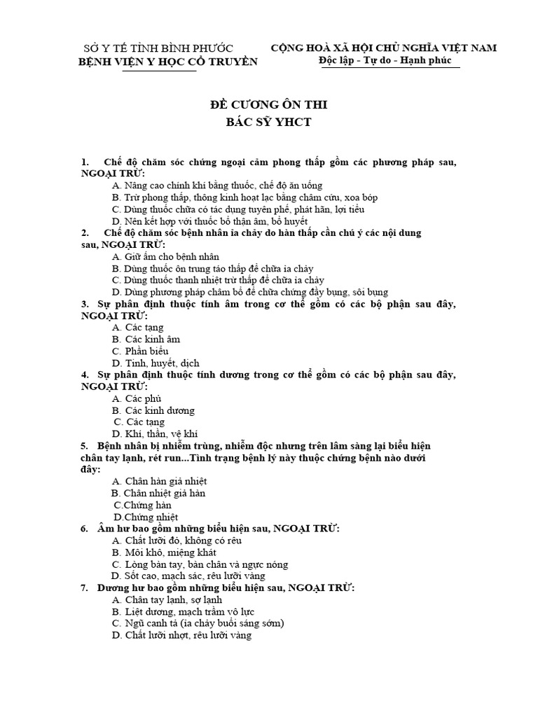 ĐỀ CƯƠNG ÔN THI BS YHCT | PDF