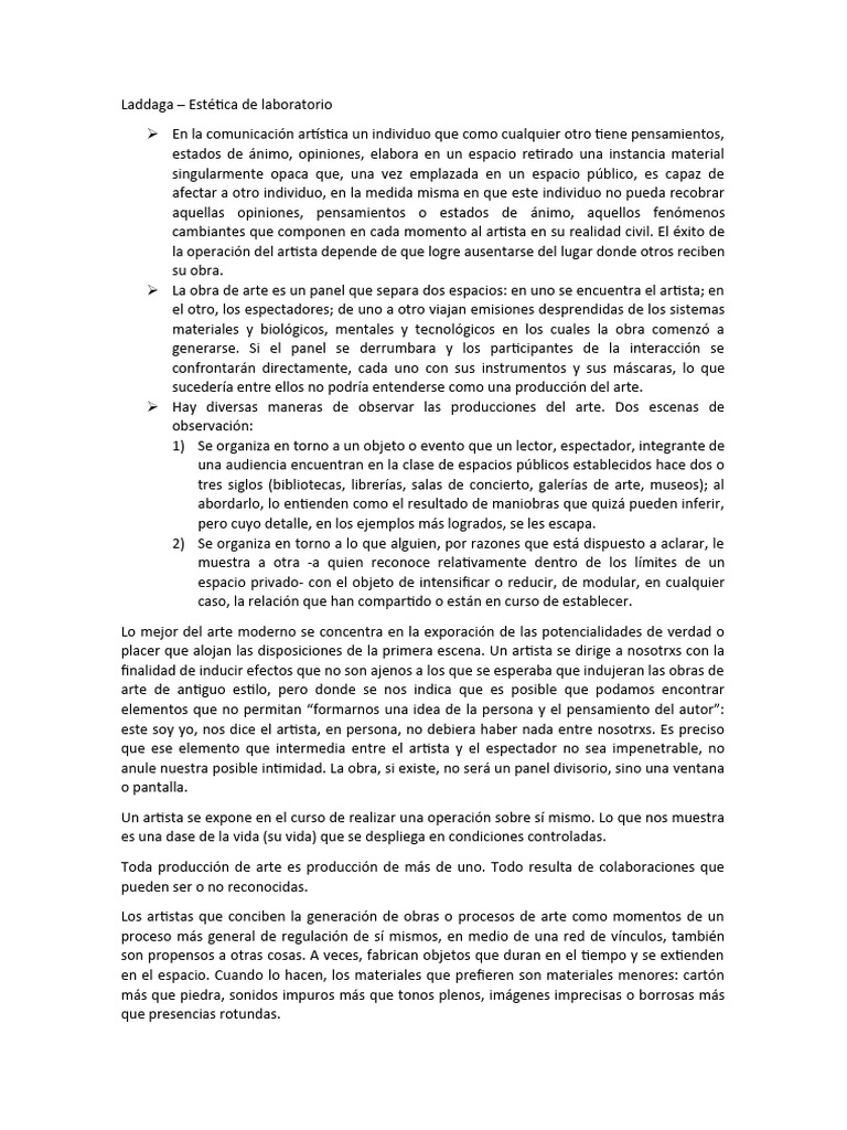 Resumen Laddaga Estética de Laboratorio | PDF | Pensamiento