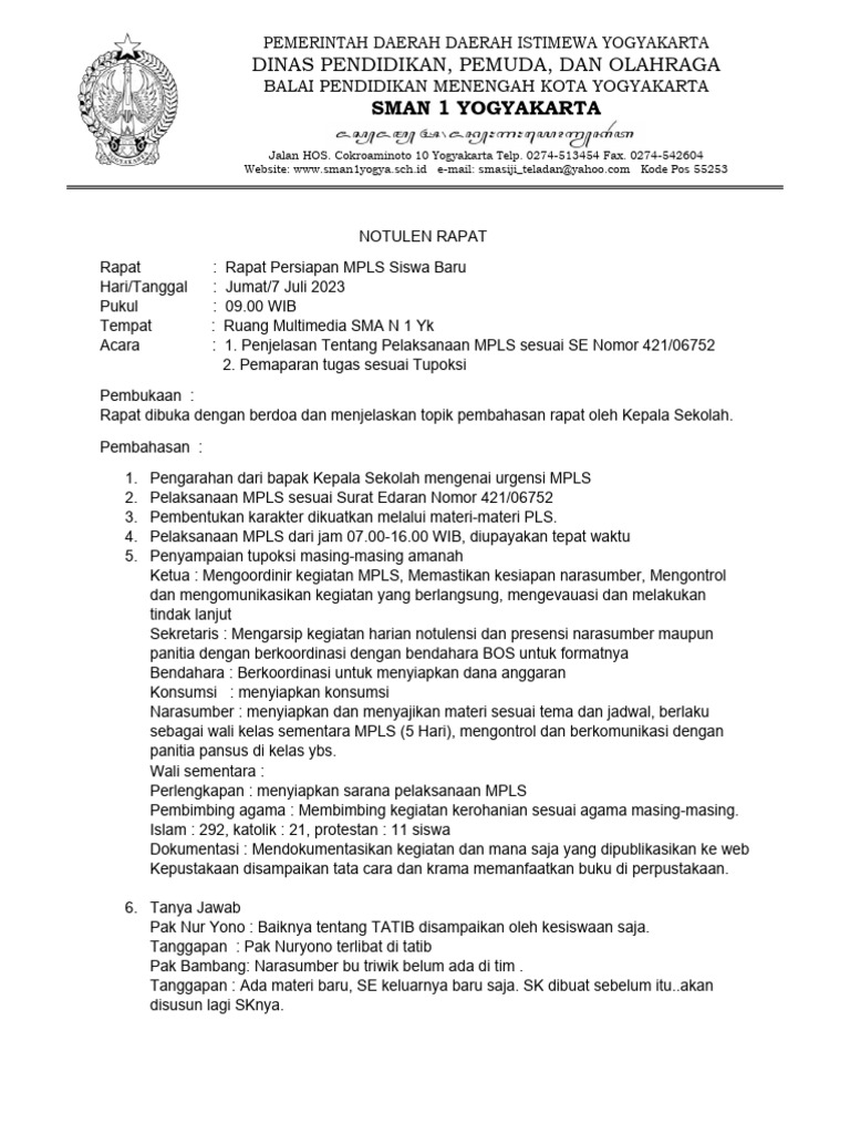 Notulen Rapat 7 Juli 2023 | PDF