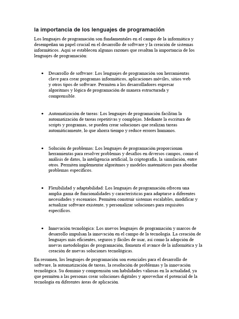 La Importancia de Los Lenguajes de Programación | PDF