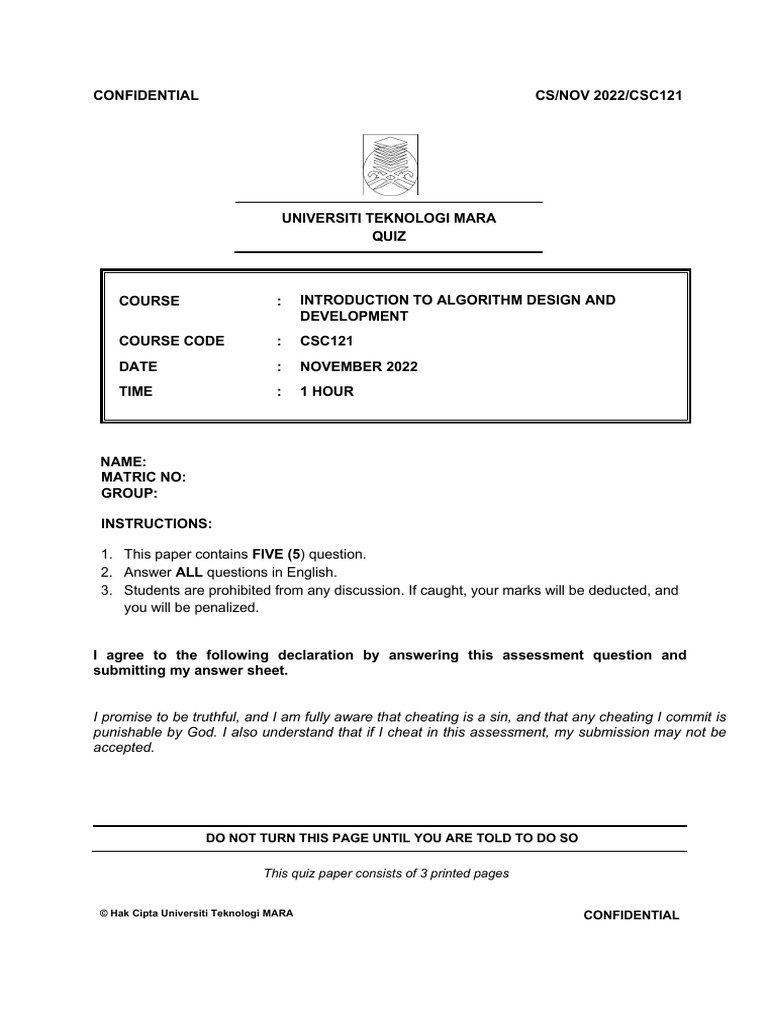 CSC121 - Quiz 1 - QUESTION | PDF | Algorithms | Applied Mathematics