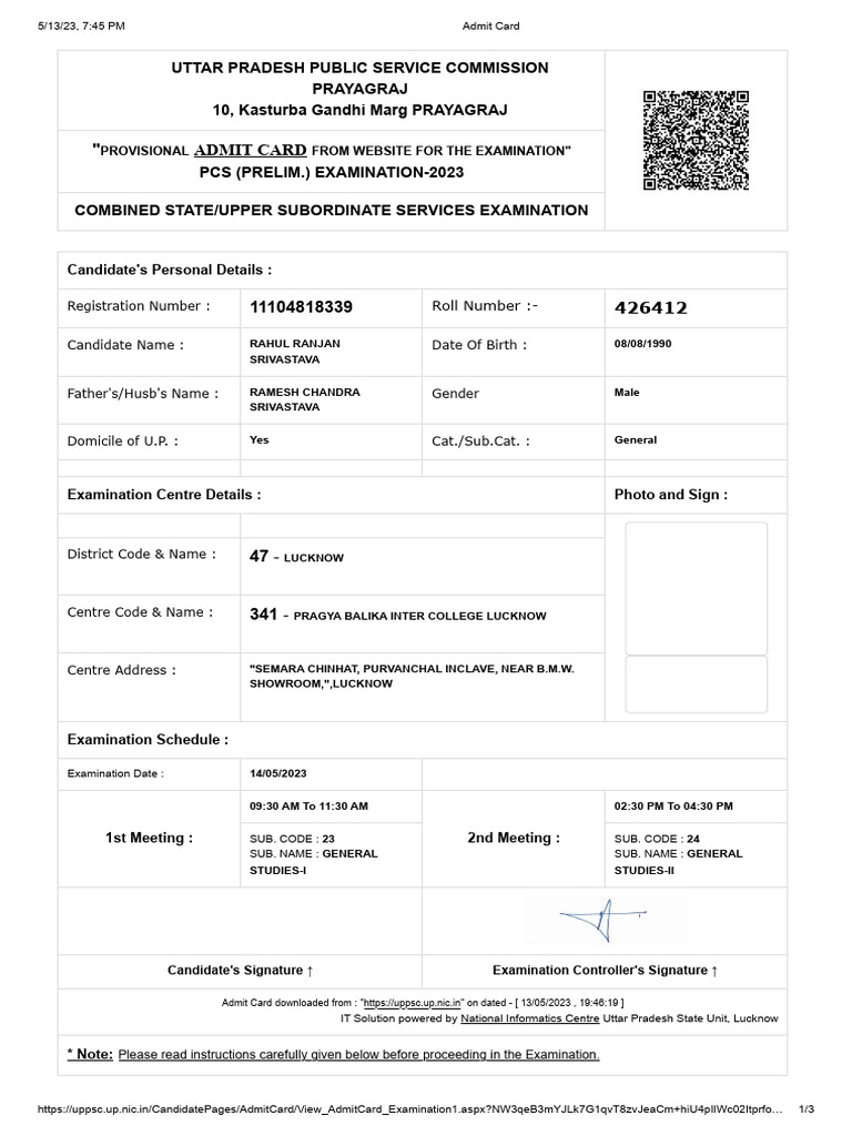View Candidate Admit Card | PDF