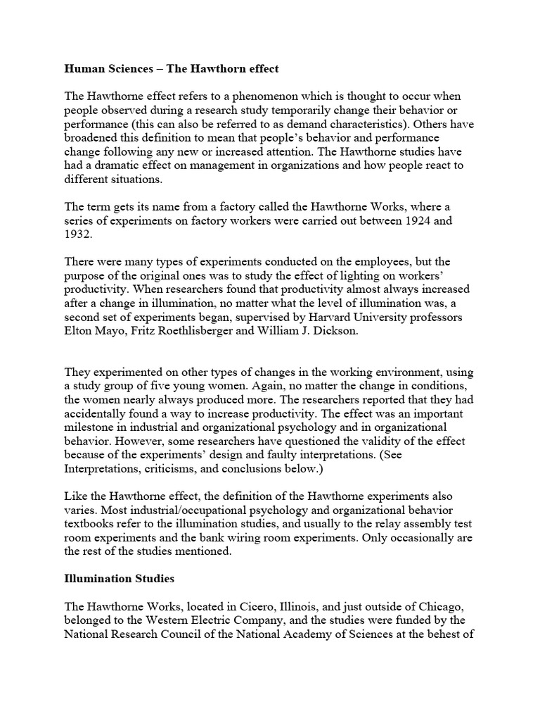 Human Sciences - The Hawthorn Effect | PDF | Randomized Controlled ...