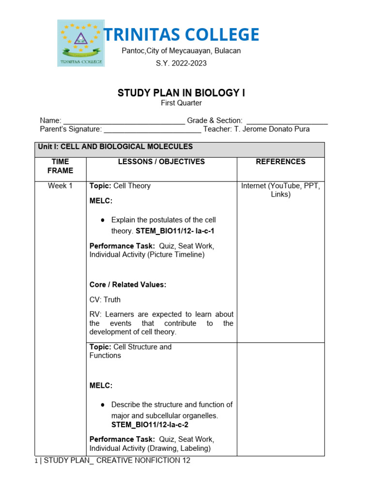 Biology I Study Plan for Trinitas College | PDF | Cell (Biology ...