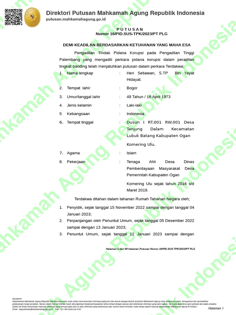 Putusan 16 Pid - TPK 2023 PT PLG 20231004155317 | PDF
