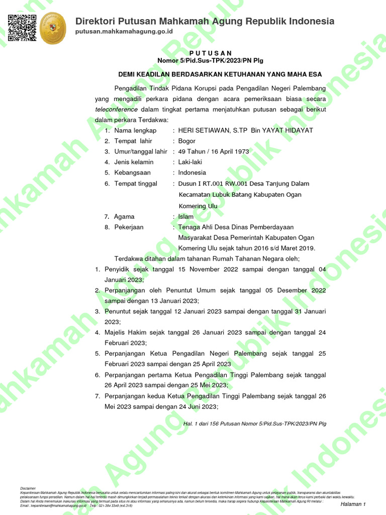 Putusan 5 Pid - Sus-Tpk 2023 PN PLG 20231004155220 | PDF