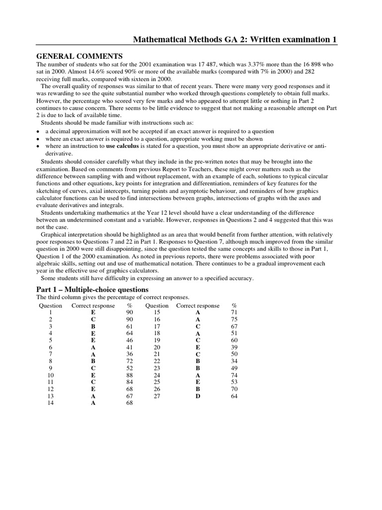 (Methods) 2001 VCAA Exam 1 Assessment Report | PDF | Logarithm | Asymptote