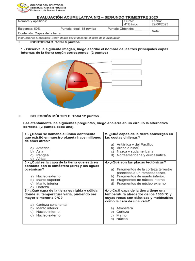 Capas de la Tierra en Evaluación Escolar | PDF | Ciencia y matemáticas