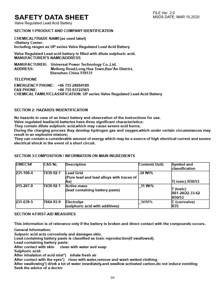 Msds Batteryguy Brand Vrla | PDF | Lead | Sulfuric Acid