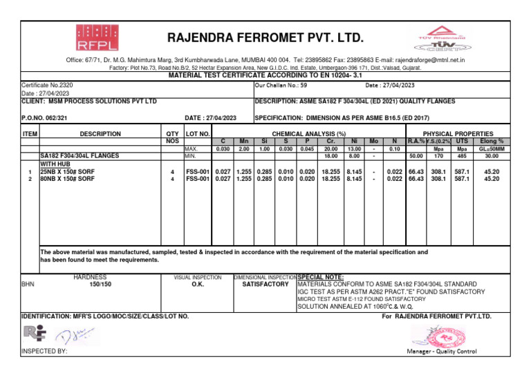 Rajendra Ferromet Pvt. LTD.: Material Test Certificate According To en ...