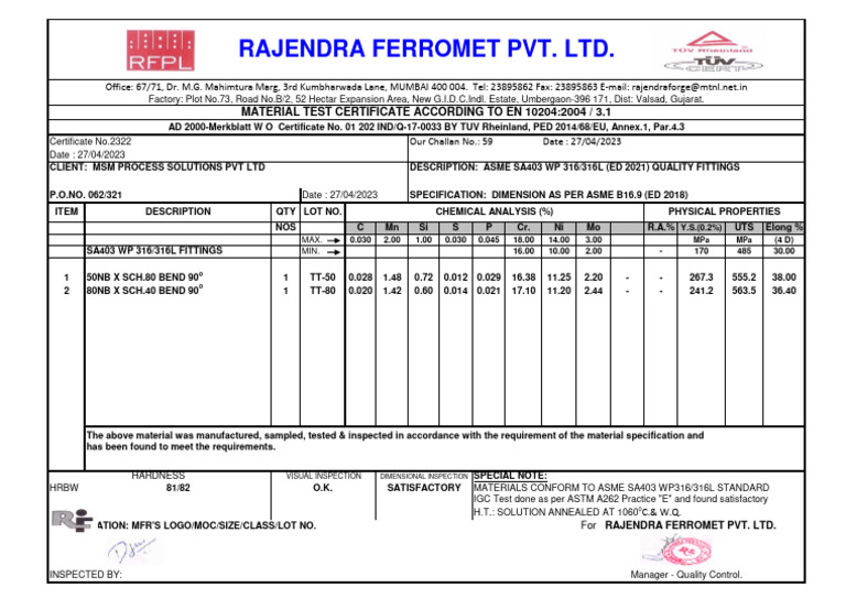 Rajendra Ferromet Pvt. LTD.: Material Test Certificate According To en ...