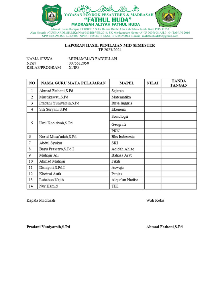LAPORAN HASIL PENILAIAN MID SEMESTER Toni | PDF