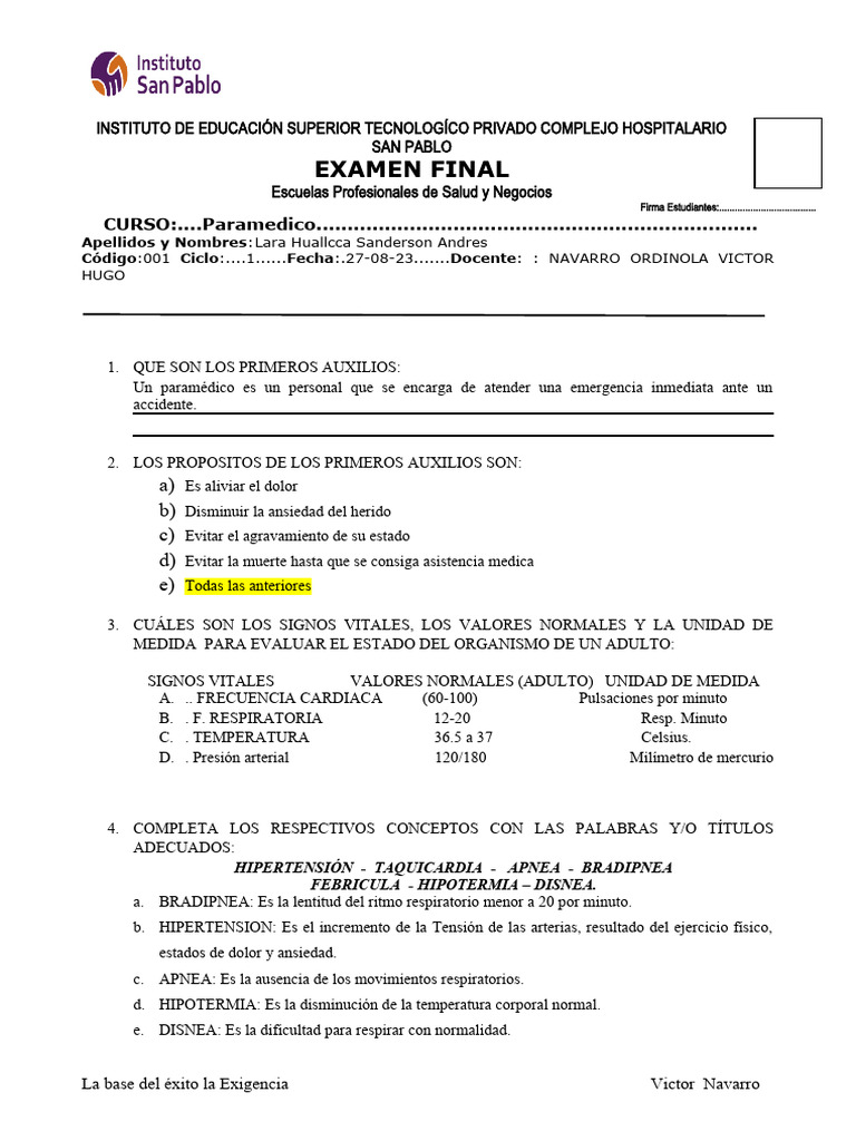 Examen Final de Primeros Auxilios | PDF | Primeros auxilios | Reanimación cardiopulmonar