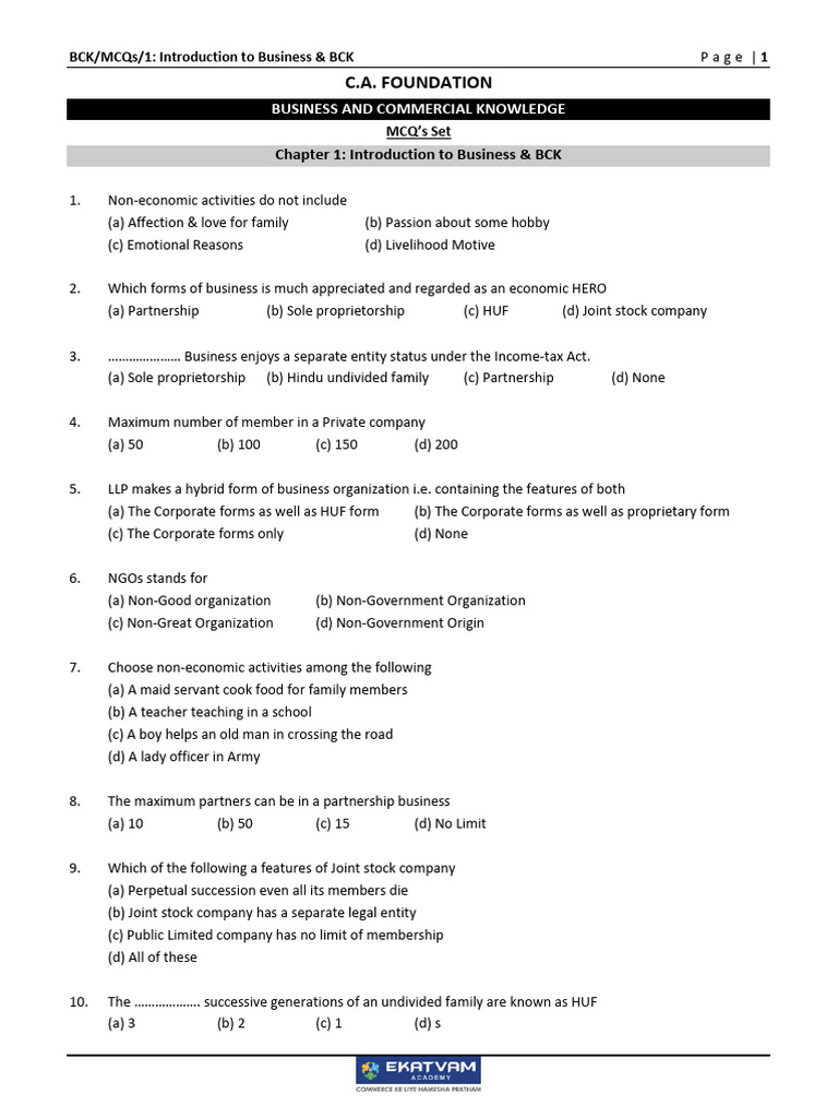 BCK - MCQs Set 01 | PDF | Business | Finance & Money Management