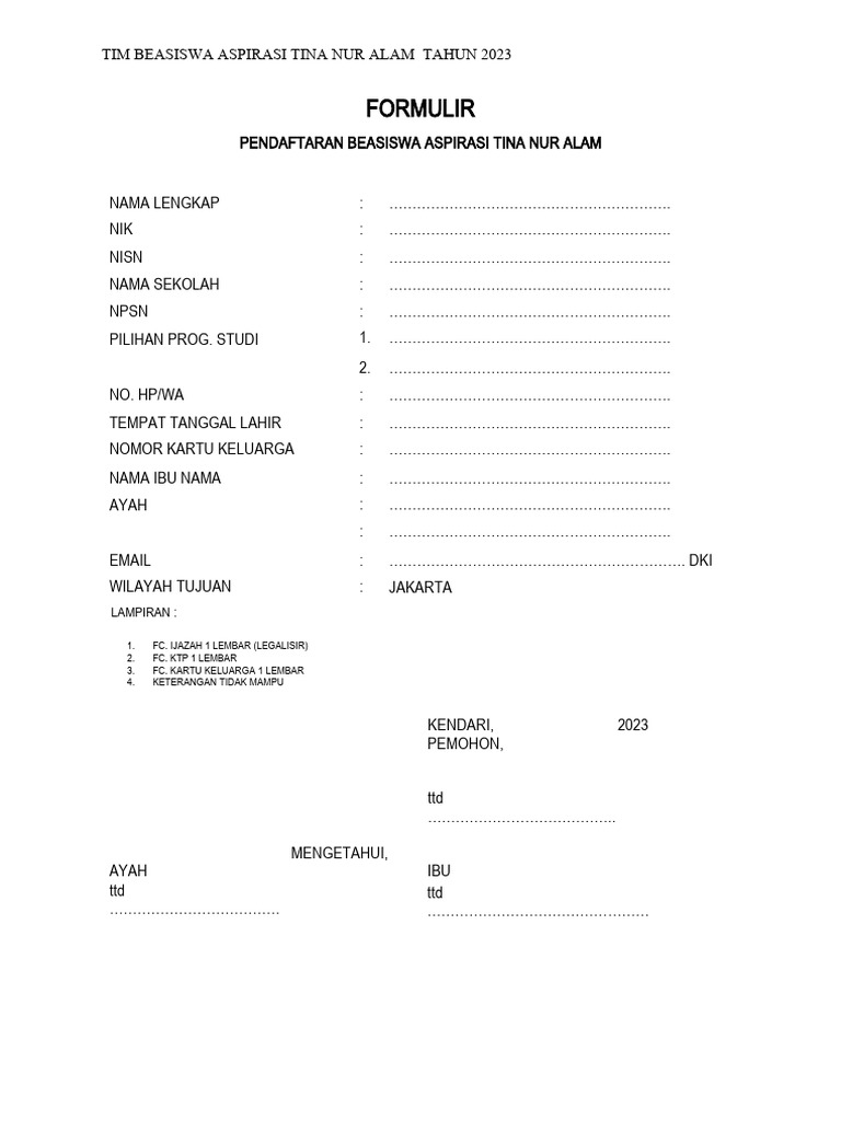 Formulir Beasiswa Aspirasi TNA KIP 2023 | PDF | Game & Aktivitas