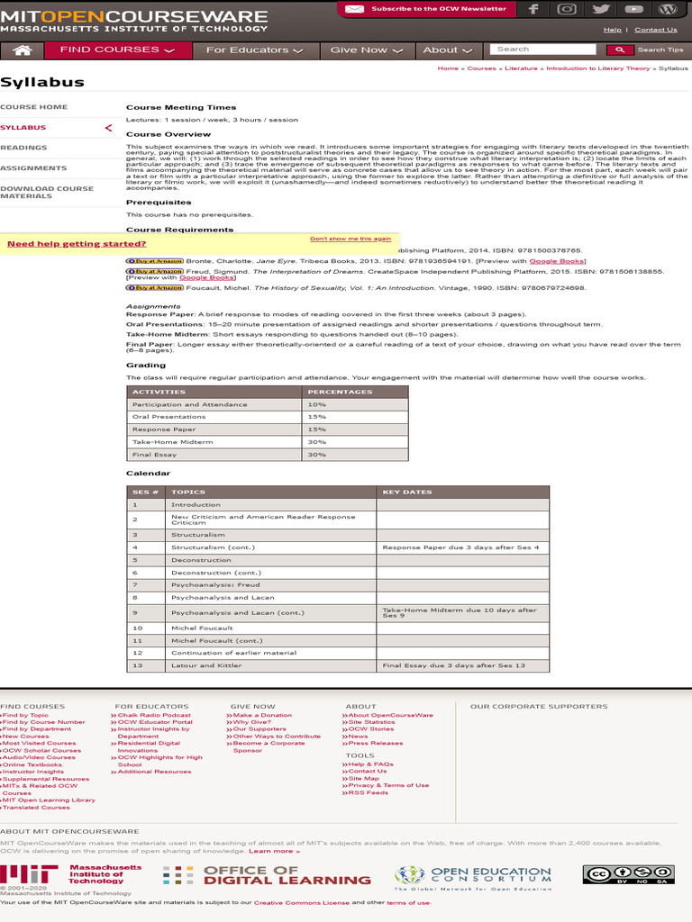 Syllabus - Introduction To Literary Theory - Literature - MIT OpenCourseWare | PDF