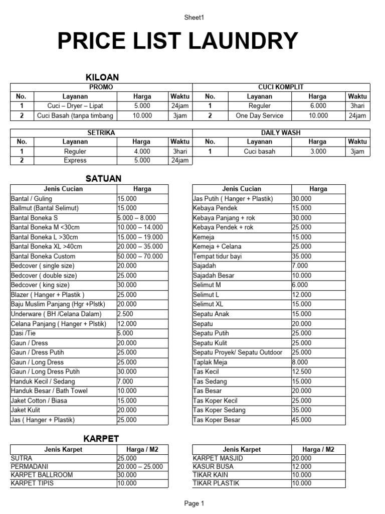 Laundry Pricelist | PDF