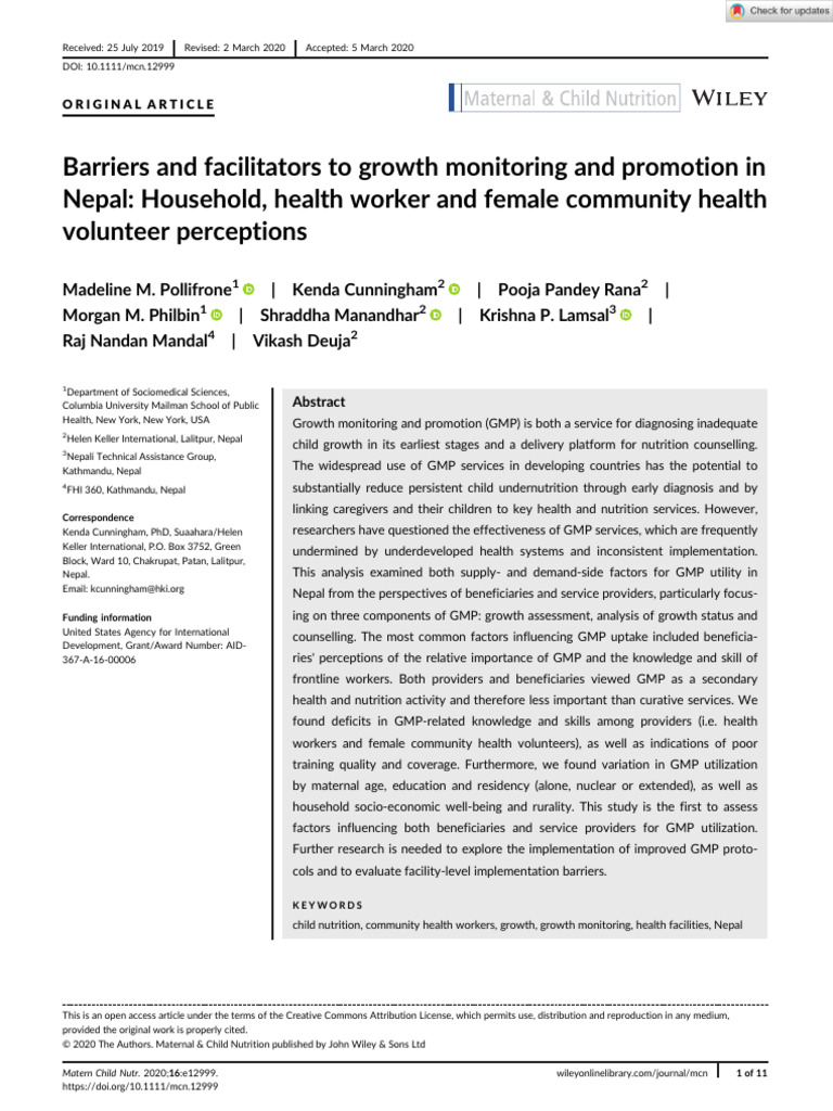 Maternal Child Nutrition - 2020 - Pollifrone - Barriers and Facilitators To Growth Monitoring ...