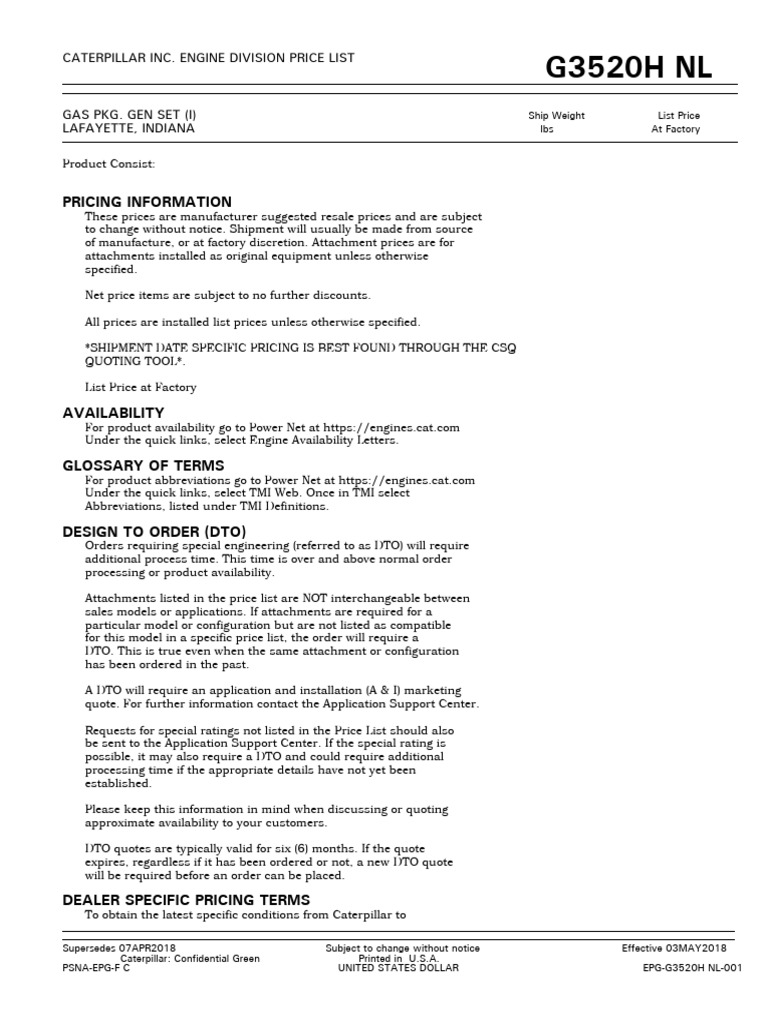 Caterpillar G3520H NL Price List | PDF | Turbocharger | Electric Generator