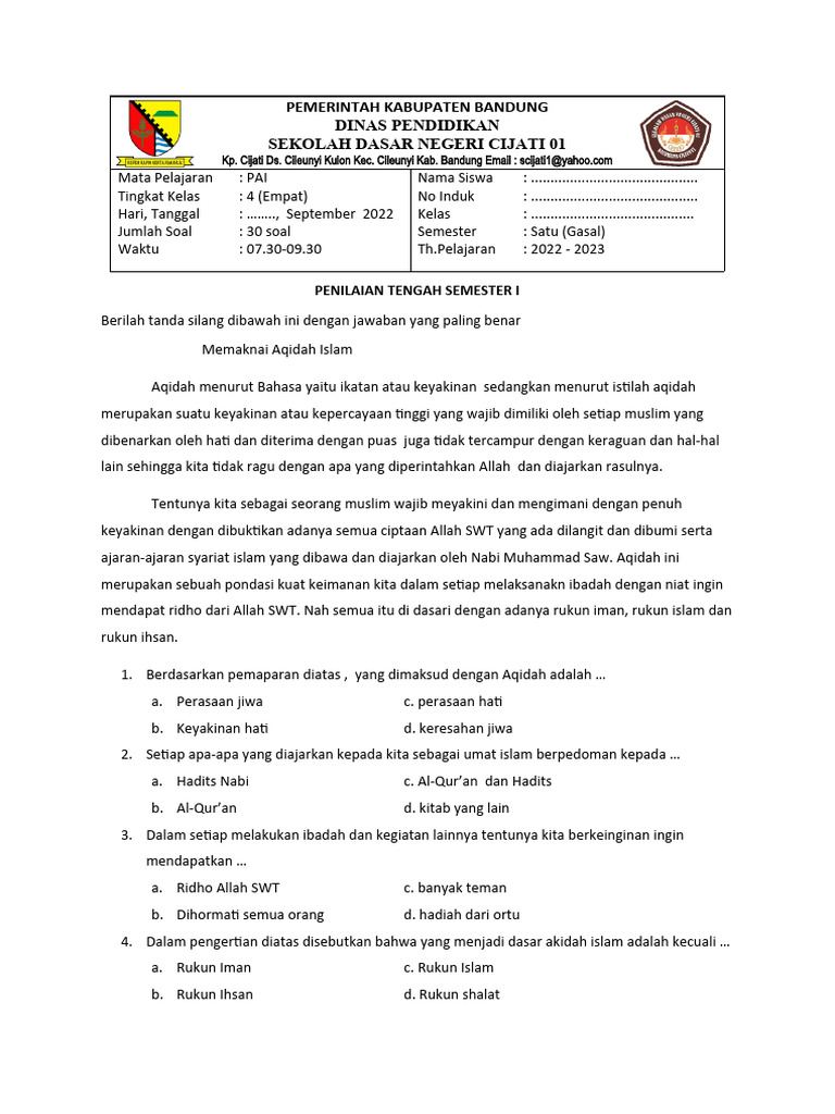 Soal Akm PTS Kls 4 Aqidah | PDF | Karier & Perkembangan | Pengembangan Diri