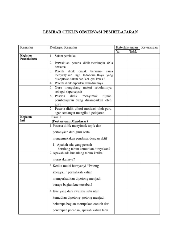 Lembar Ceklis Observasi Pembelajaran - Nafi'atul Khoirot | PDF