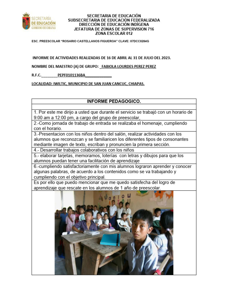 INFORME PEDAGOGICO DE FABI Preescolar | PDF | Educación de la primera ...