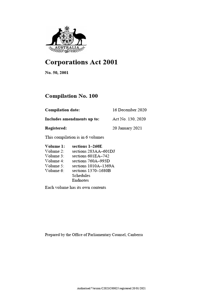 Corporations Act 2001 Compilation | PDF