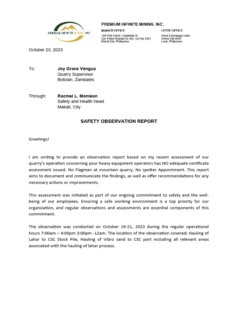 Observation Report | PDF | Safety | Regulatory Compliance