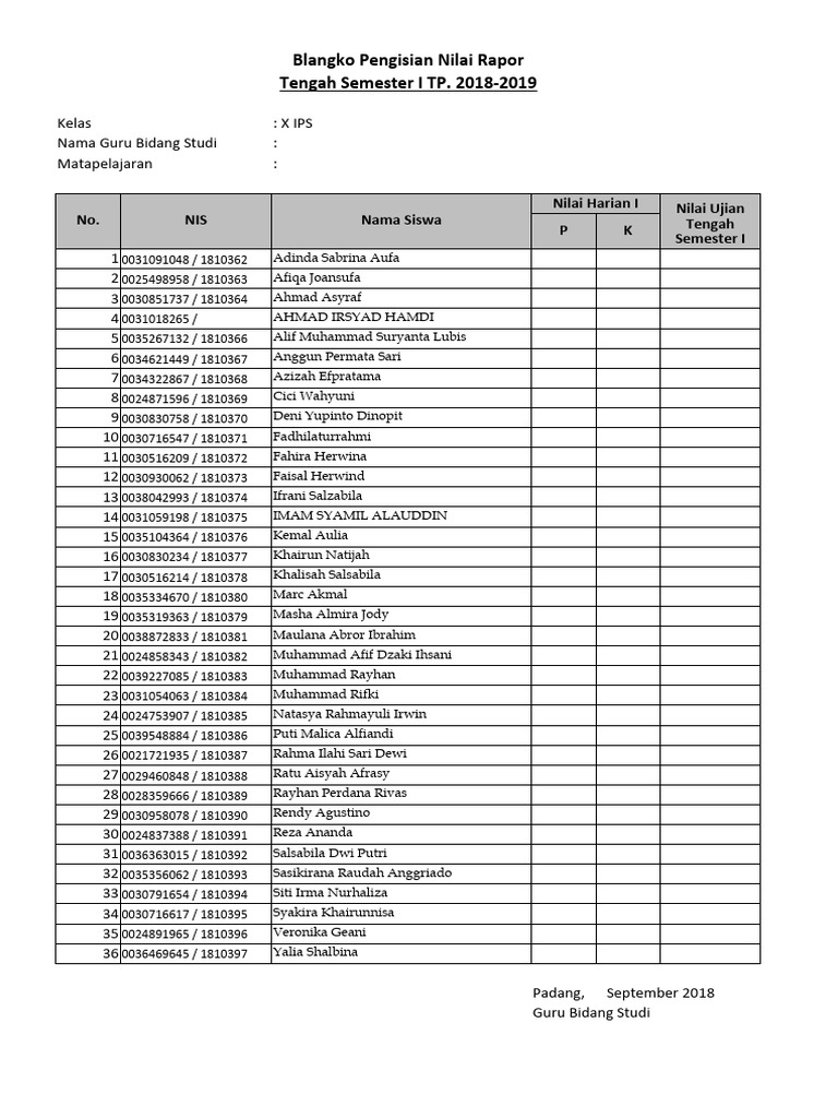 Blangko Nilai Rapor UTS Sem-1 TP.2018-2019 Kelas X-IPS | PDF
