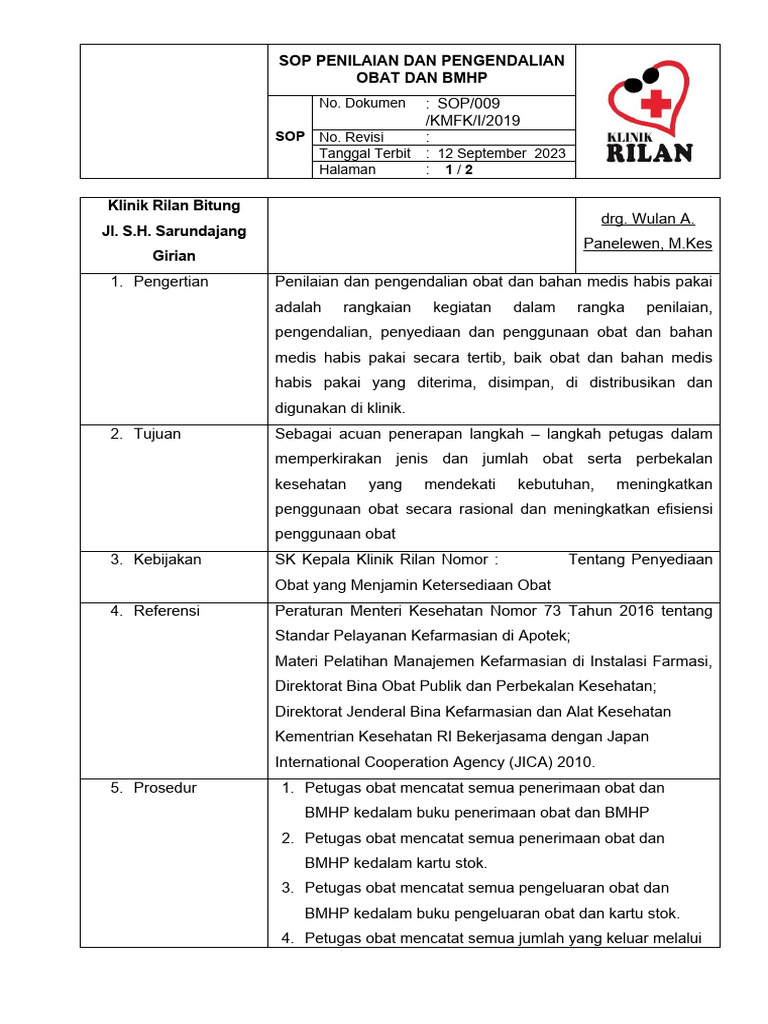 Sop Penilaian Dan Pengendalian Obat BMHP | PDF