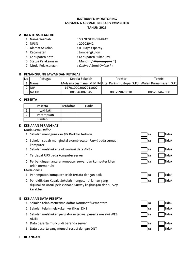 Lembar Monitoring ANBK KKPS Sukabumi | PDF