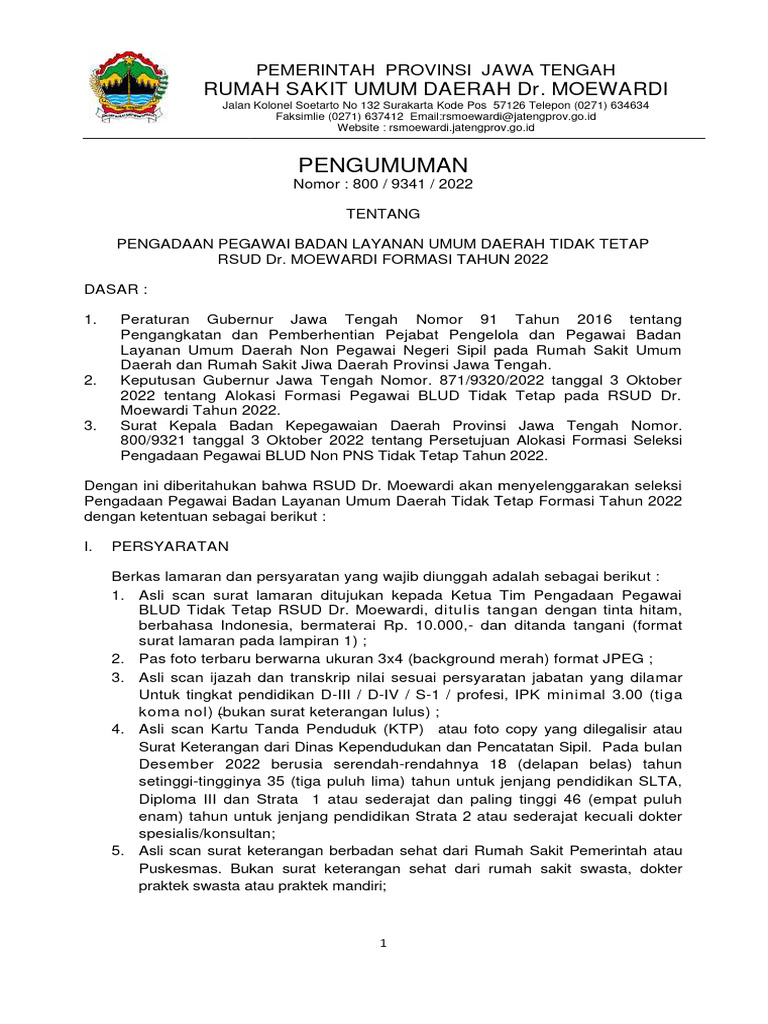 Pengumuman Rekrutmen Rsud Dr. Moewardi Formasi Tahun 2022 Tayang 6 Oktober 2022 - Edit | PDF