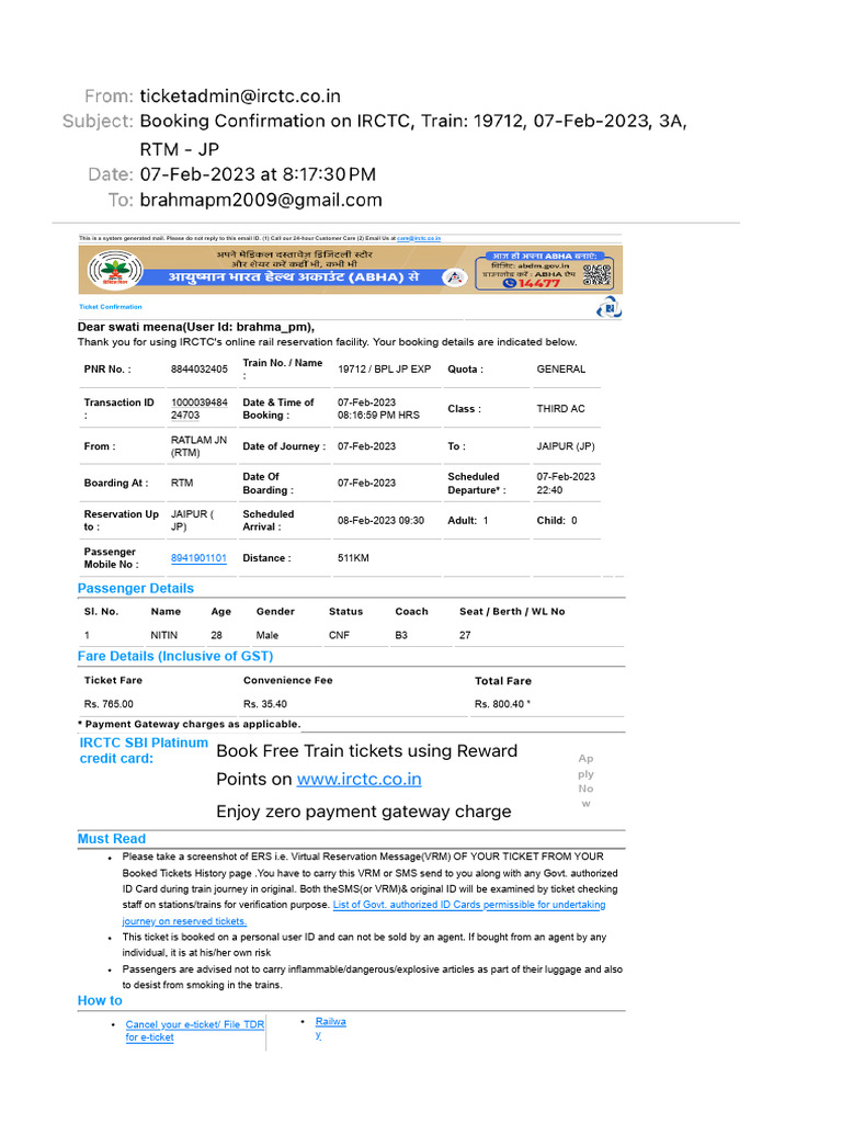 Booking Confirmation On IRCTC, Train: 19712, 07-Feb-2023, 3A, RTM - JP ...