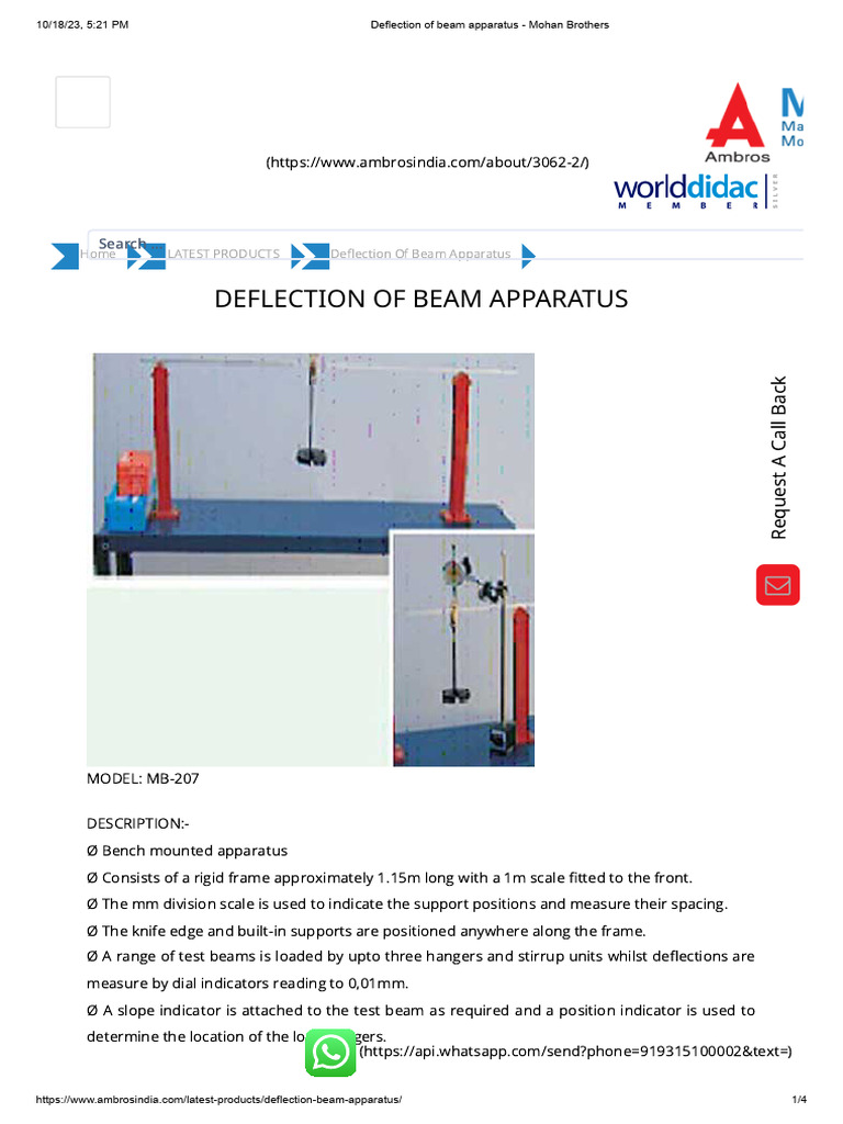 Deflection of Beam Apparatus - Mohan Brothers | PDF | Car | Physical Sciences