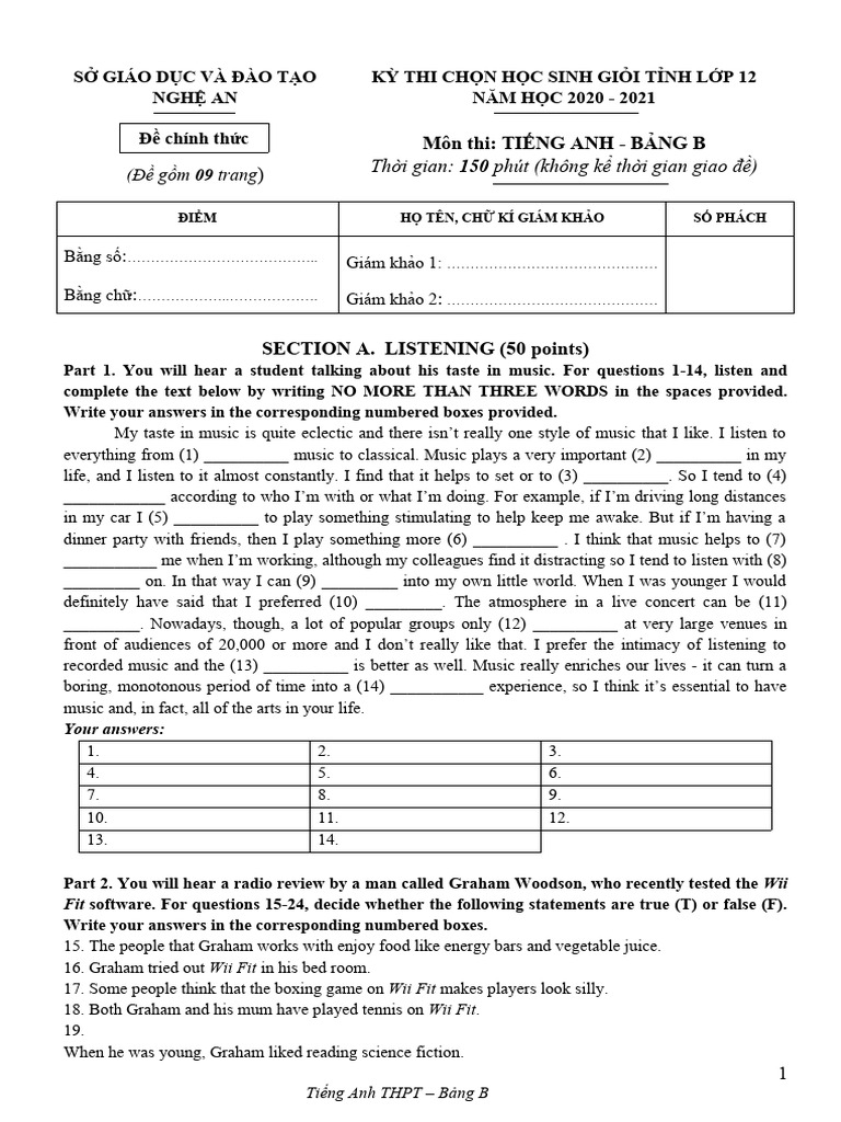 De Tieng Anh HSG 12 - 2020 Bang B | PDF | Recycling | Reuse