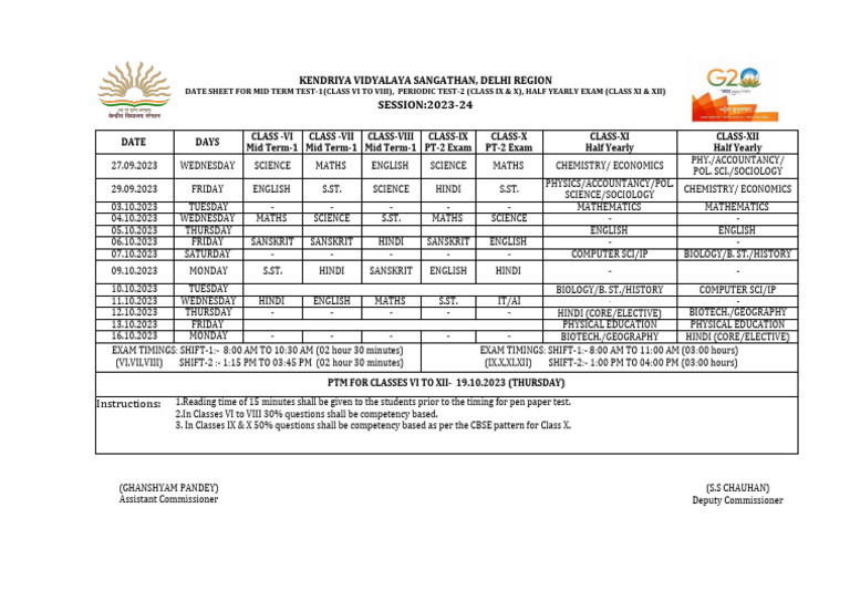 Date Sheet For Half Yearly Exam Pt 2 Mid Term 1 Test Pdf Science