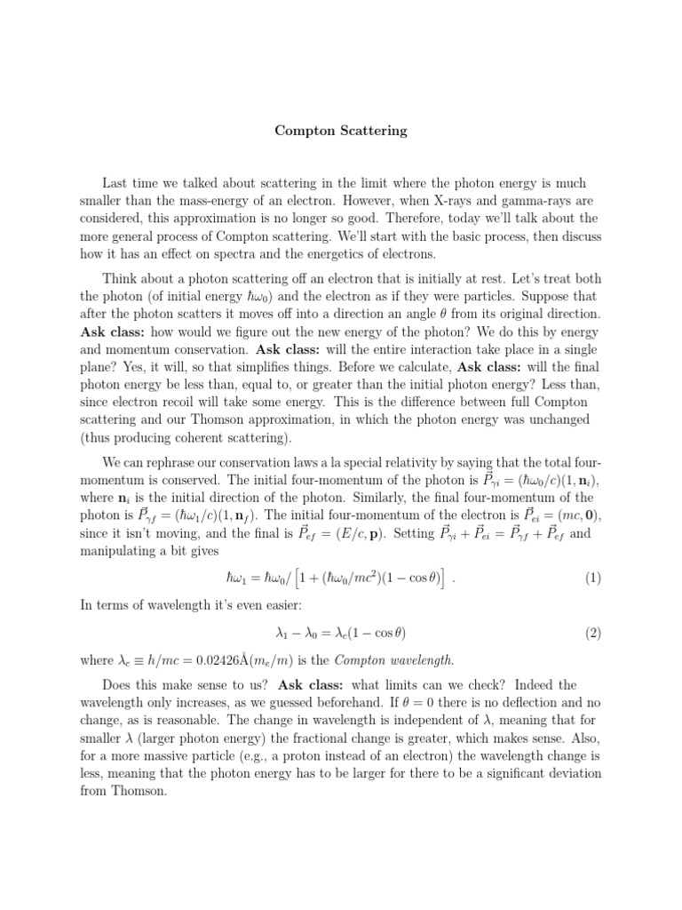 Compton Scattering | PDF | Electron | Photon