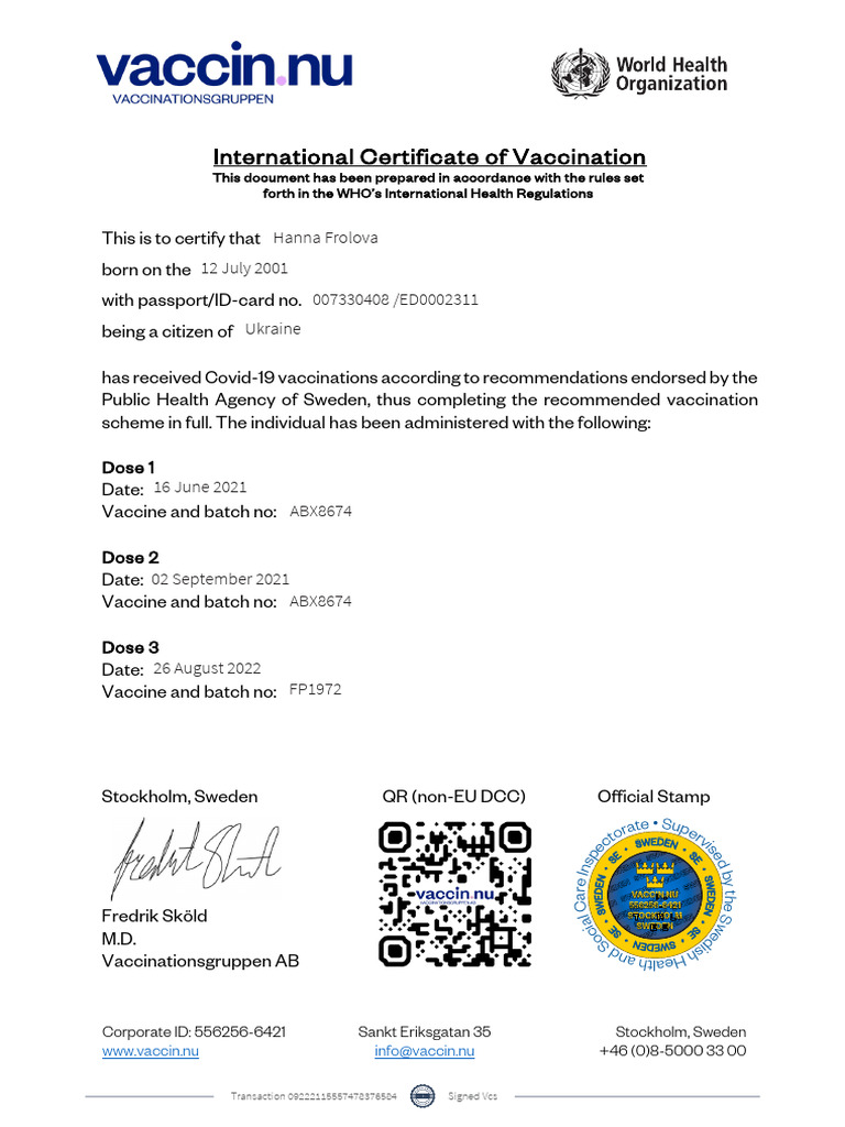 03 Vaccinationsintyg 3 Doser | PDF | Identity Document | Authentication