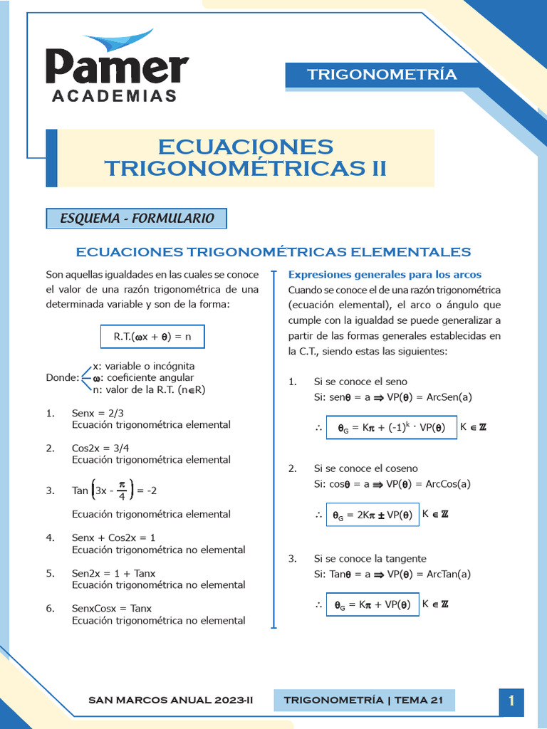 C - SMA - Sem21 - Trigonometria - ECUACIONES TRIGONOMETRICAS II | PDF | Trigonometría ...